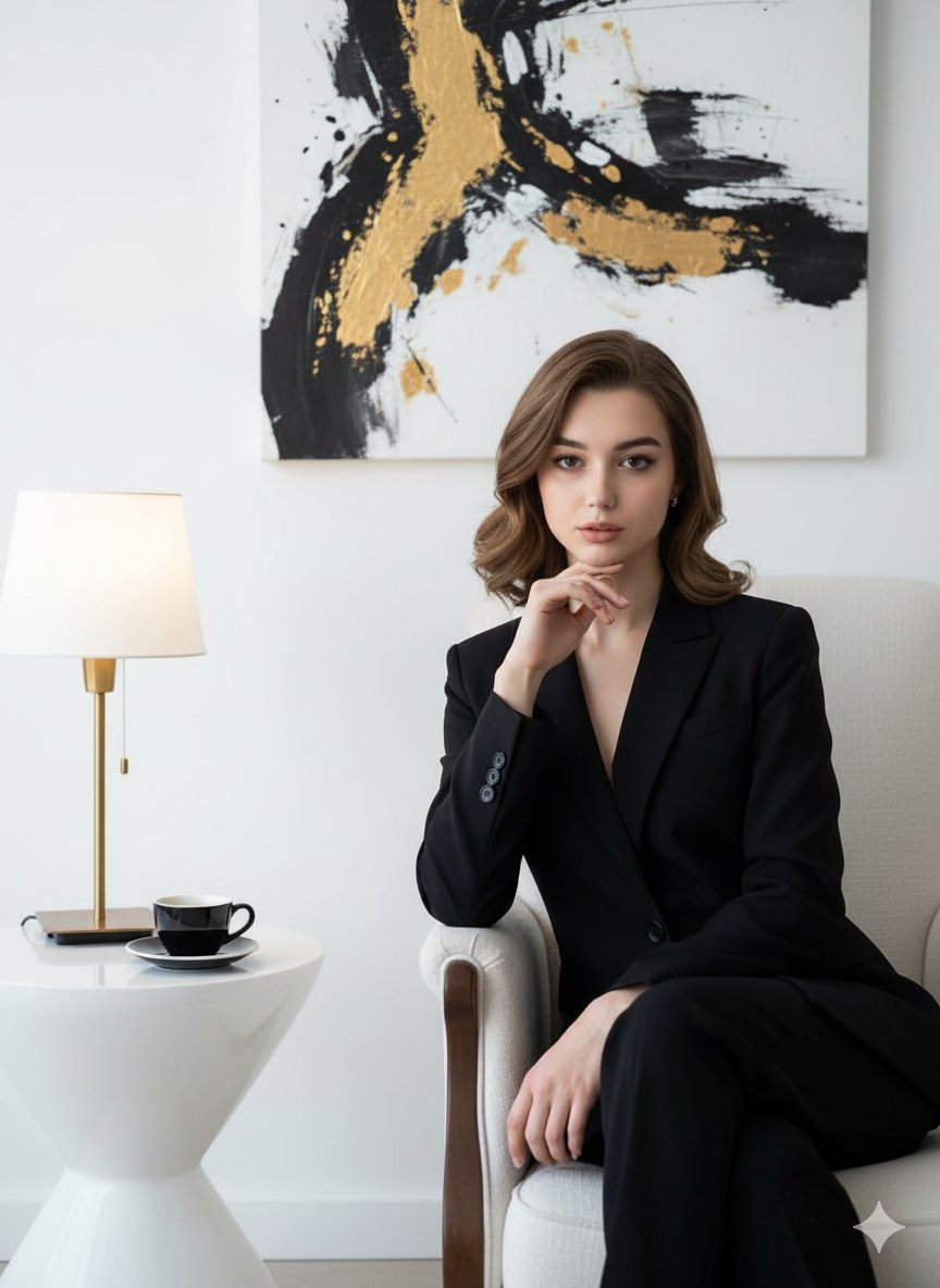 A beautiful, confident woman wearing a black suit sits elegantly on a ...