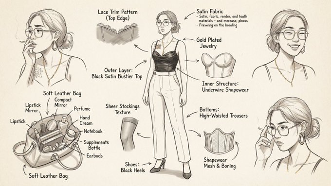 A fashion-style concept breakdown sheet in hand-drawn illustration ...
